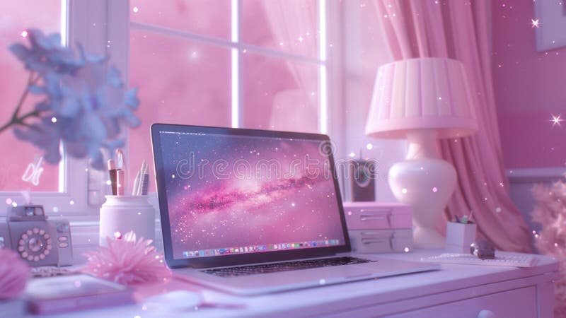Girly Computer Notebook Laptop with No Brand on a Desk in a Feminine ...