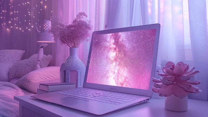 Girly Computer Notebook Laptop with No Brand on a Desk in a Feminine ...