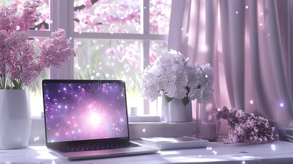 Girly Computer Notebook Laptop with No Brand on a Desk in a Feminine ...