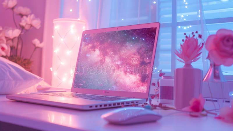 Girly Computer Notebook Laptop with No Brand on a Desk in a Feminine ...