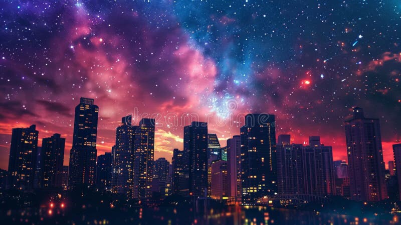 Starry Sky City Full of Beautiful Blinking Stars, Colorful Nebulas and Clouds Stock Illustration ...