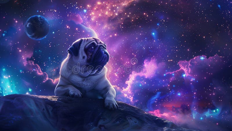 Cute Pug Breed Dog Puppy in a Beautiful Cosmic Starry Sky Deep Space ...