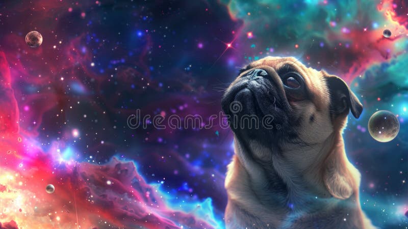 Cute Pug Breed Dog Puppy in a Beautiful Cosmic Starry Sky Deep Space ...