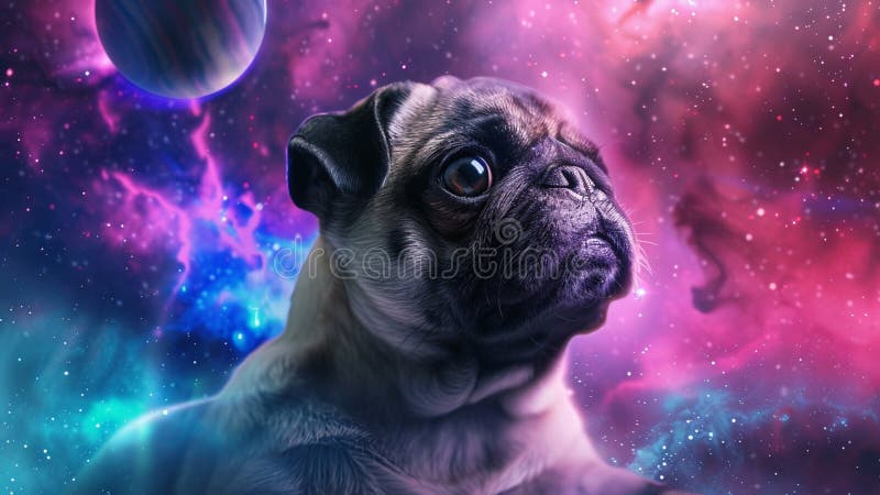Cute Pug Breed Dog Puppy in a Beautiful Cosmic Starry Sky Deep Space ...