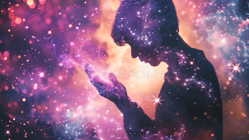 Young Man’s Dark Silhouette in Stunning Spiritual Magical Background ...