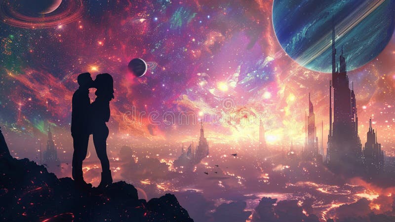 Soulmate Couple in Love Holding Hands or Kissing in Alien World Planet ...