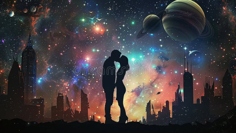 Soulmate Couple in Love Holding Hands or Kissing in Alien World Planet ...
