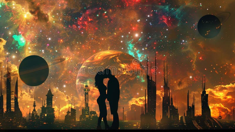Soulmate Couple in Love Holding Hands or Kissing in Alien World Planet ...