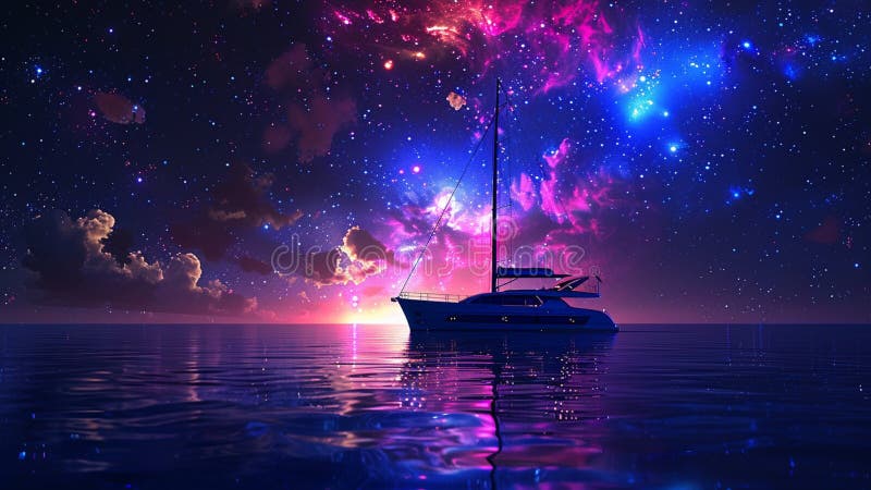 Dreamy Ship or Boat Under Beautiful Cosmic Sky Full of Stars, Colorful ...