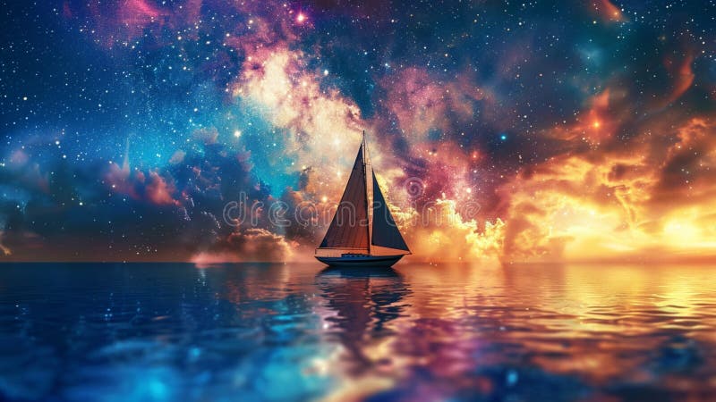 Dreamy Ship or Boat Under Beautiful Cosmic Sky Full of Stars, Colorful ...