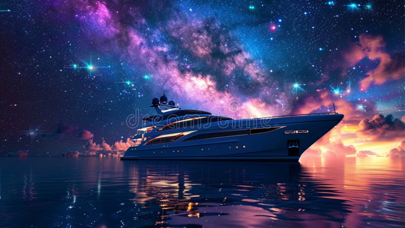 Dreamy Ship or Boat Under Beautiful Cosmic Sky Full of Stars, Colorful ...