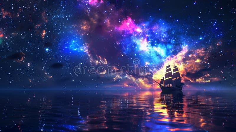 Dreamy Ship or Boat Under Beautiful Cosmic Sky Full of Stars, Colorful ...