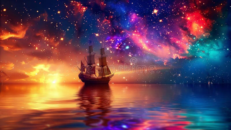 Dreamy Ship or Boat Under Beautiful Cosmic Sky Full of Stars, Colorful ...