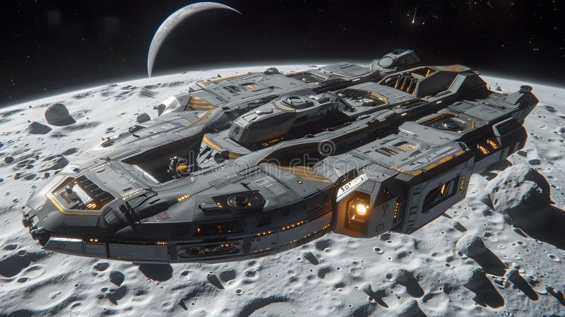 Starship Flying in Outer Space with Big Moon Background Stock Photo ...