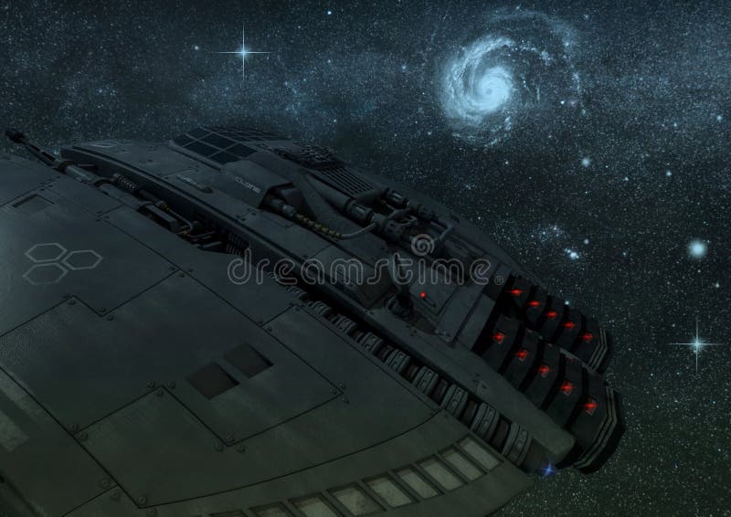 Back View of Sci-fi Spaceship in the Outer Space. Stock Illustration ...