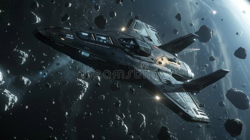 Starship Skillfully Navigating Asteroid Field in Dramatic Space Scene ...
