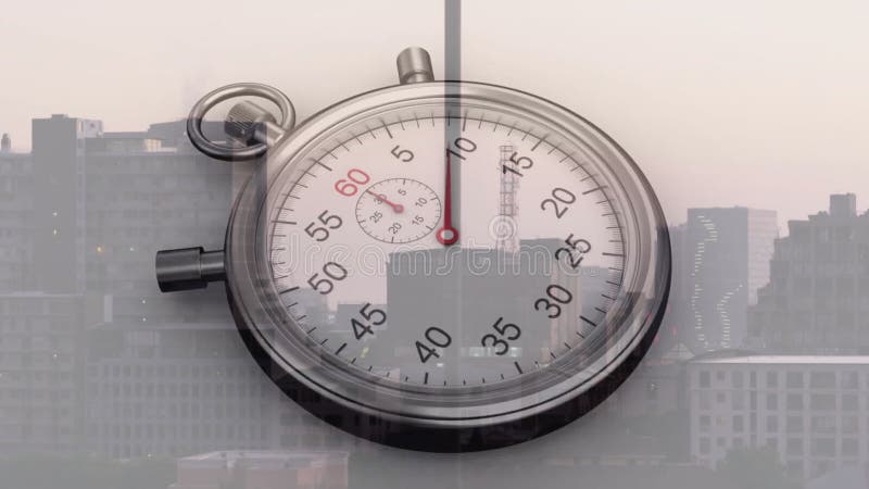 On Start, Animated Stopwatch Counting Seconds Over Hazy Skyline ...