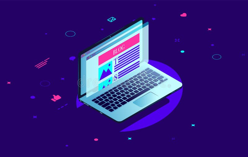 Blogging Laptop - Computer with Blog on Screen in Isometric View Stock ...