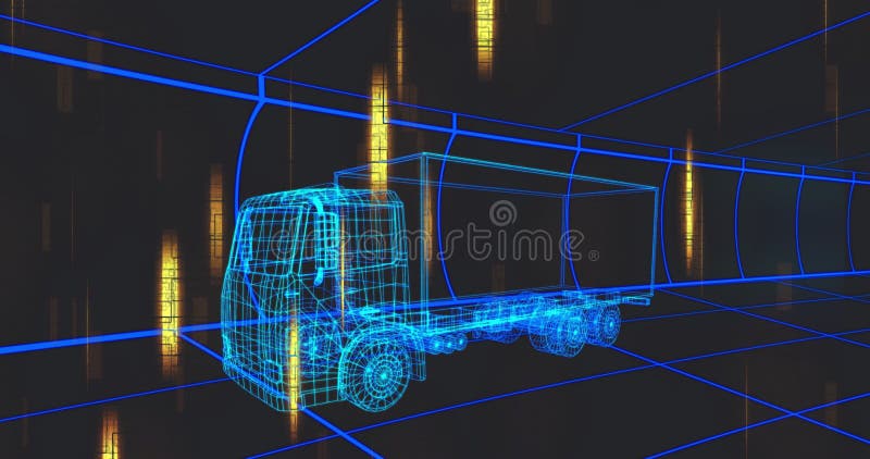 At Start Blue Wireframe Truck Remaining Static As Golden Data Pillars ...