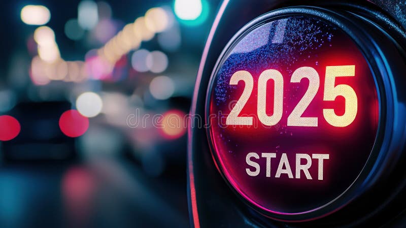 2025 Start Button Glowing Brightly in Vibrant City Scene, Evoking ...
