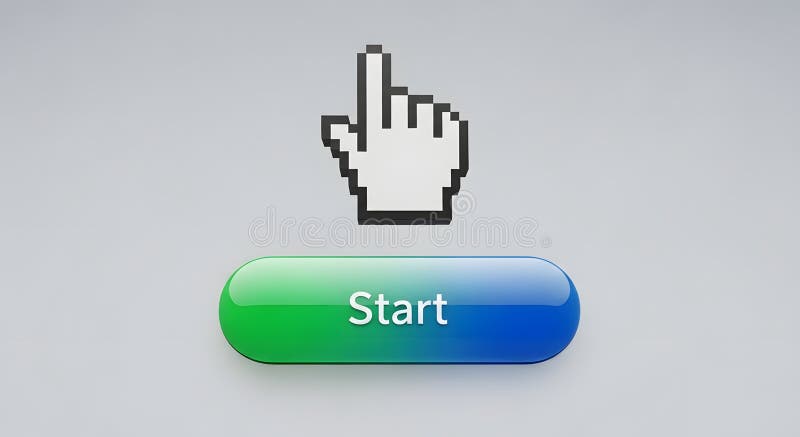 Start Button with Pixel Hand Cursor Icon on Digital Interface Stock ...
