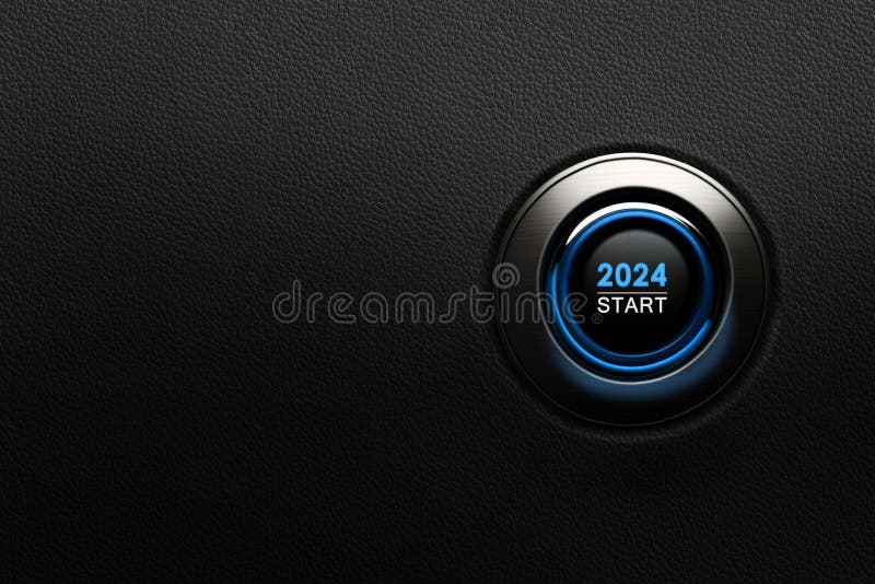 Start Button Year 2024 Blue Glow on Black Leather Background Stock ...