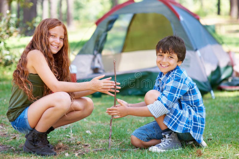 Start, Campfire or Portrait of Children in Forest for Summer Camp, Teamwork or Learning Together ...