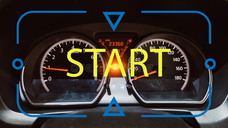 Start Concept on a Car Dashboard with Speedometer and Warning Lights ...