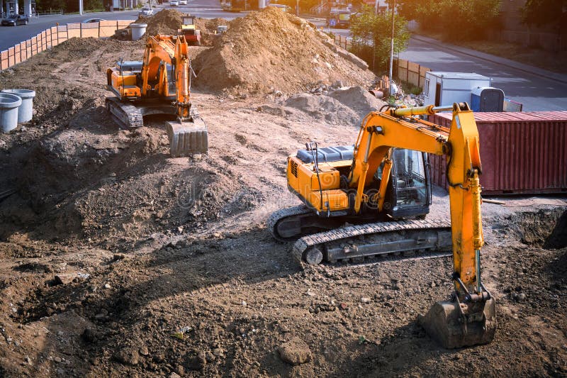 Two Excavators are Digging the Ground for a Foundation Stock Photo ...