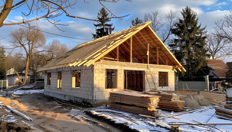 Start of Construction and Construction of the Roof of a New House Stock ...
