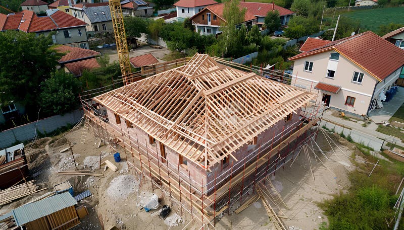Start of Construction and Construction of the Roof of a New House Stock ...