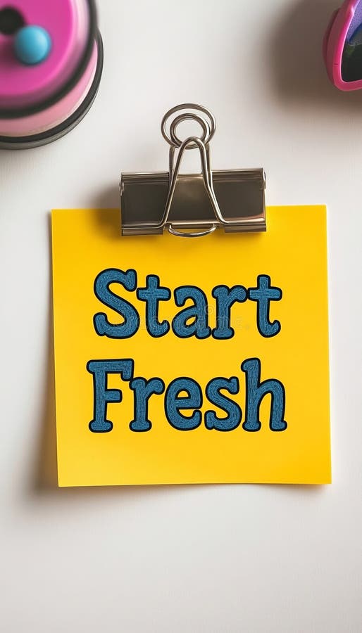 Start Fresh Concept Bright Yellow Sticky Note with Black Binder Clip on ...