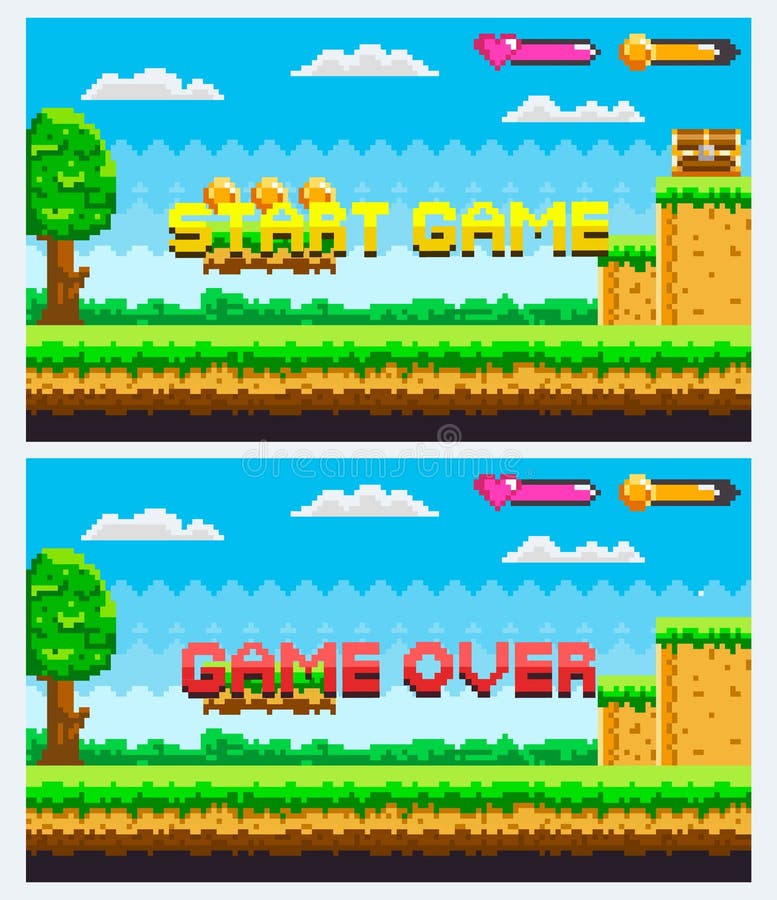 Retro Pixelated Video Game Interface with Start Game and Game Over ...