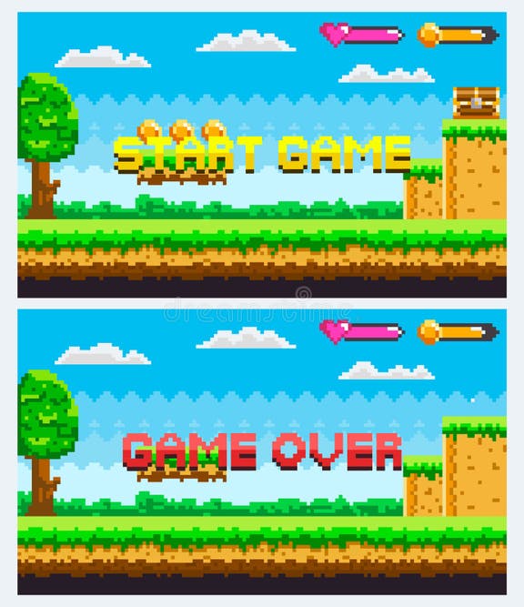 Retro Pixelated Video Game Interface with Start Game and Game Over ...