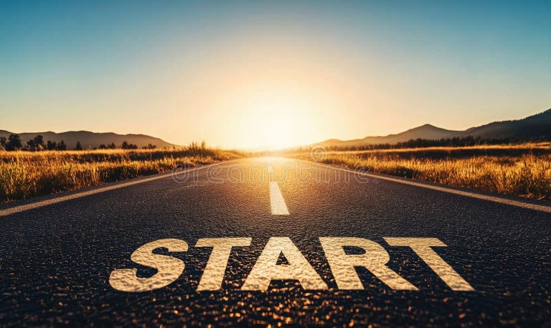 Start of Journey on Open Road at Sunrise with Mountains and Fields in ...