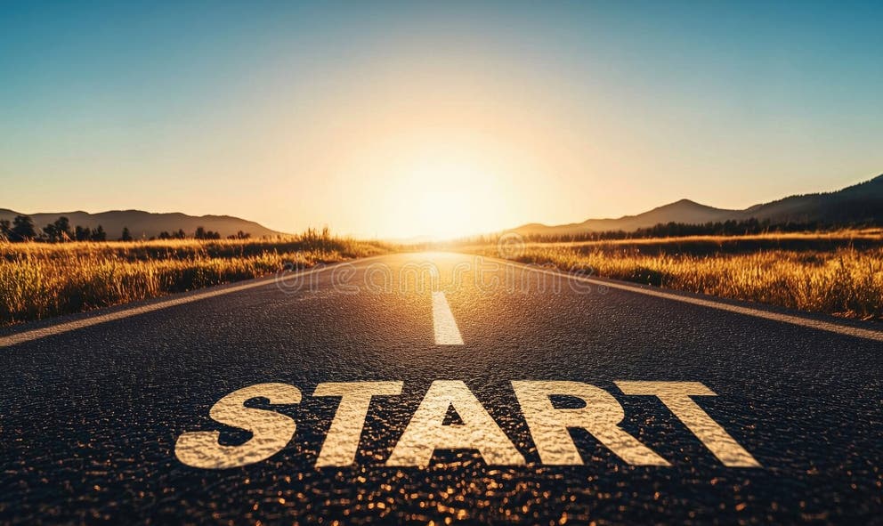 Start of Journey on Open Road at Sunrise with Mountains and Fields in ...