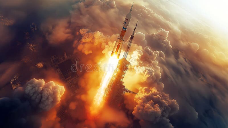 Start Launching Rocket from a Spaceport into Space. Aerial Top View ...