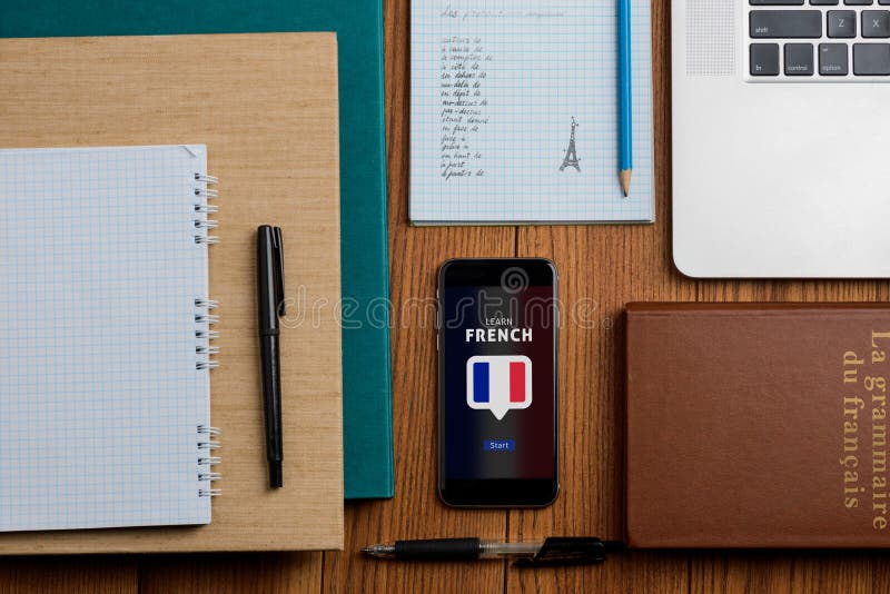 Start Learning French Concept. Textbooks, Dictionary, Notebook and ...