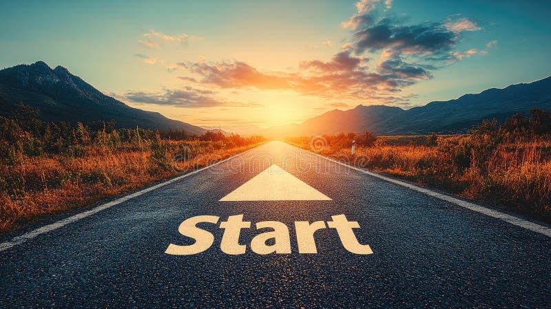 Start Line on a Desert Road Leading To Bright Future at Sunset Stock ...