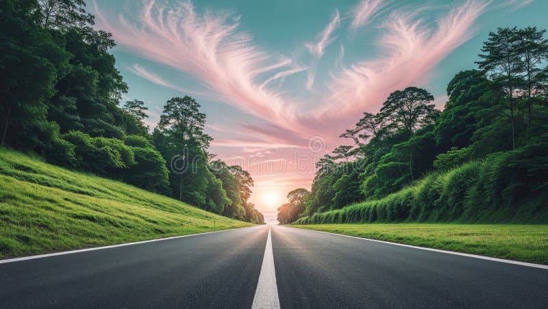 Start Line on an Empty Asphalt Road Leading into the Horizon with Lush ...