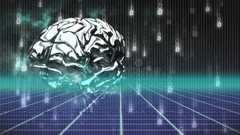 At Start Metallic Brain Model Rotating with Falling Binary Digits Over Grid Demonstrating Data ...