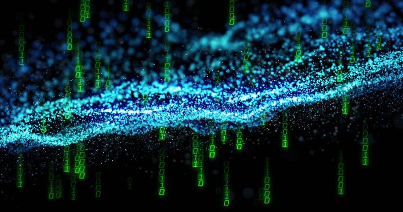 On Start Neon Blue Particle Wave Undulating while Green Binary Digits Falling Visualizing Data ...