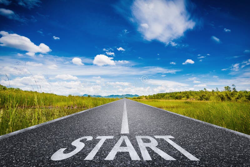 Start Text on Long Road with Green Field and Blue Sky Stock ...