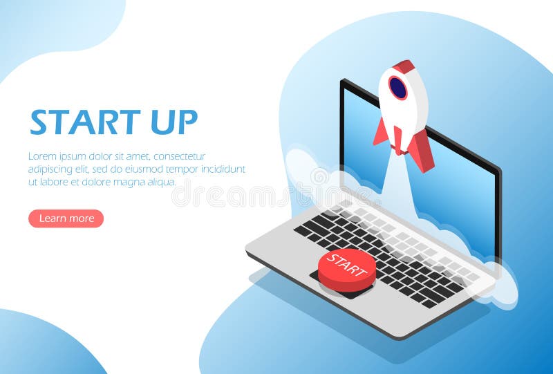 Start Up. Start a Business. Rocket Launch and Laptop Concept. Isometric ...