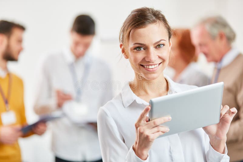 Start-up CEO with tablet stock photo. Image of employee - 136240124
