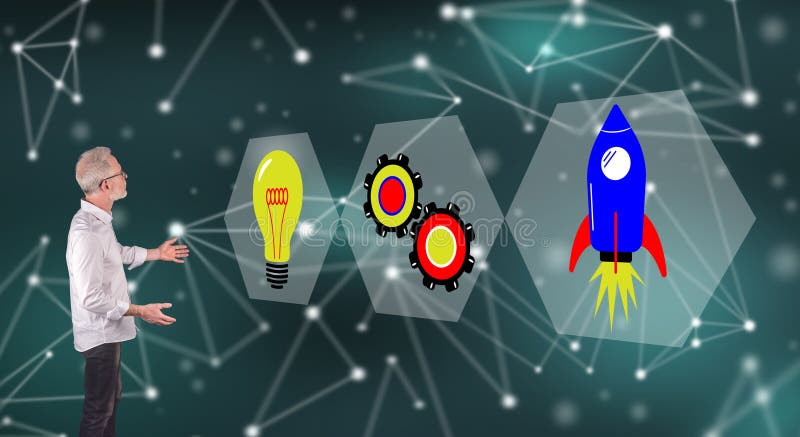 A Start Up Concept Explained by a Businessman on a Wall Screen Stock ...