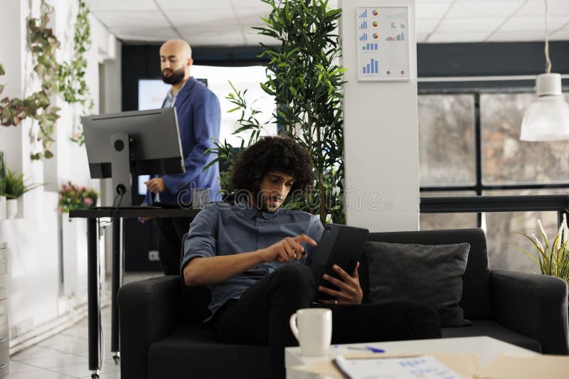 Start Up Entrepreneur Checking Project Presentation on Digital Tablet ...