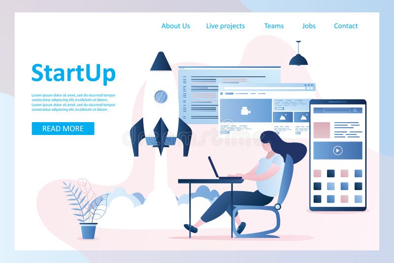 Start Up Landing Page,rocket Take Off,girl Programmer with Laptop Stock ...