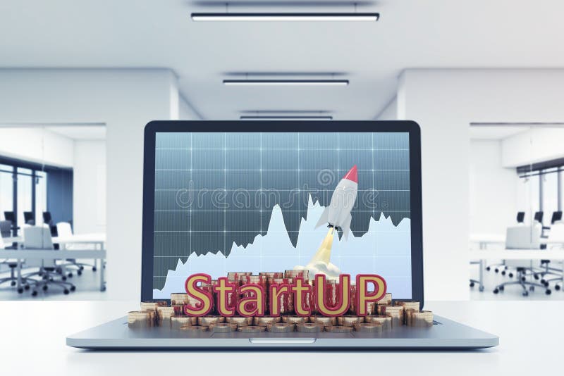 Start Up, Laptop with Graph, Office Table Stock Illustration ...