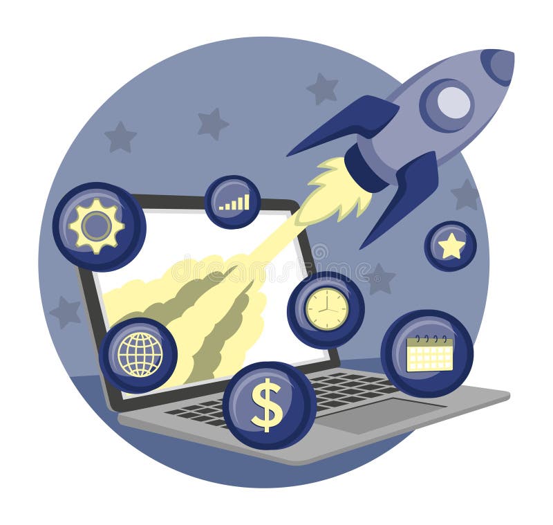 Start Up Launch Concept with Rocket and Laptop for Business Success ...